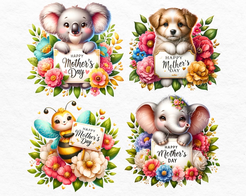 Cute Mother's Day Animals Clipart PNG Bundle, Baby Animals, Mother Day ...