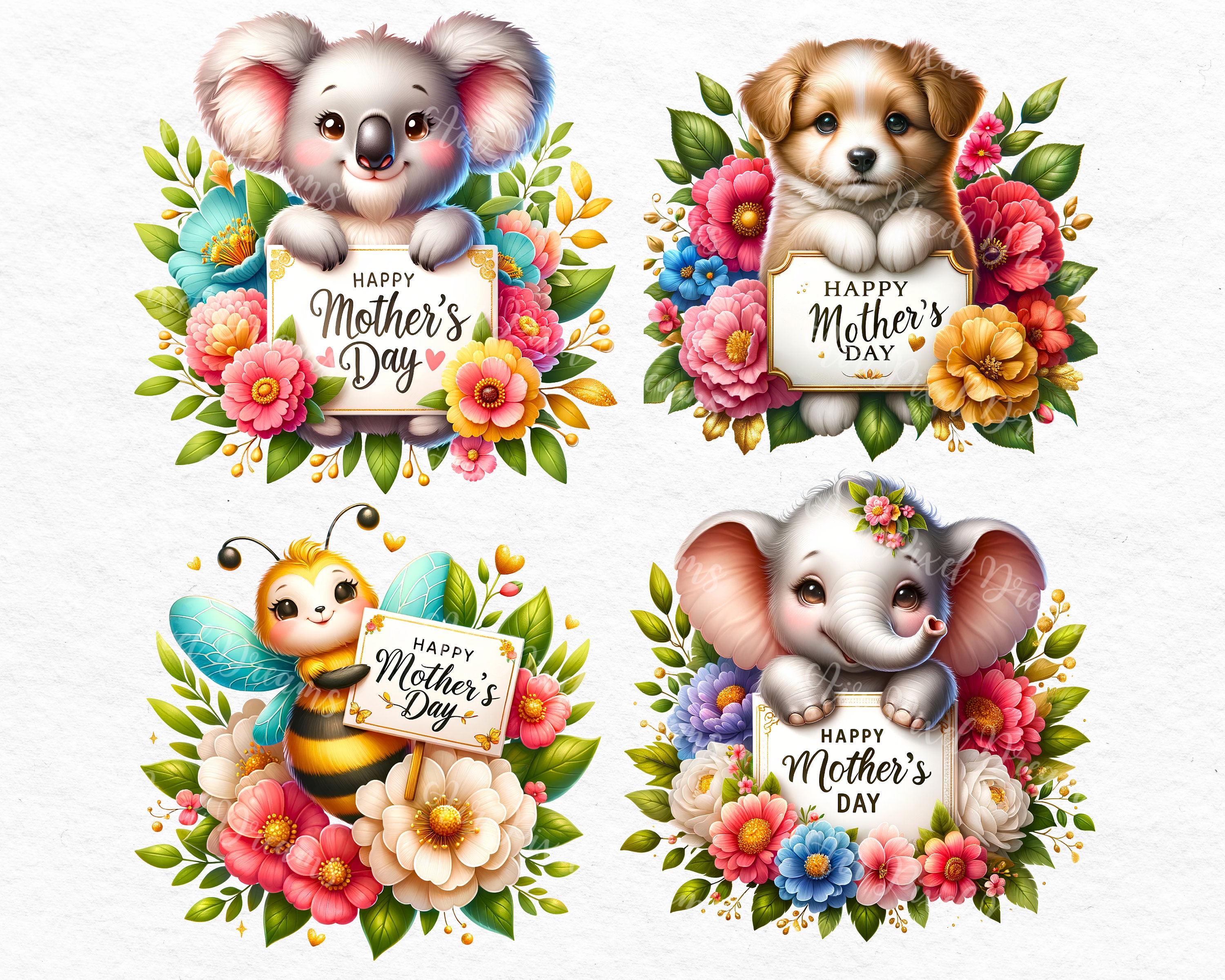 Cute Mother's Day Animals Clipart PNG Bundle, Baby Animals, Mother Day ...