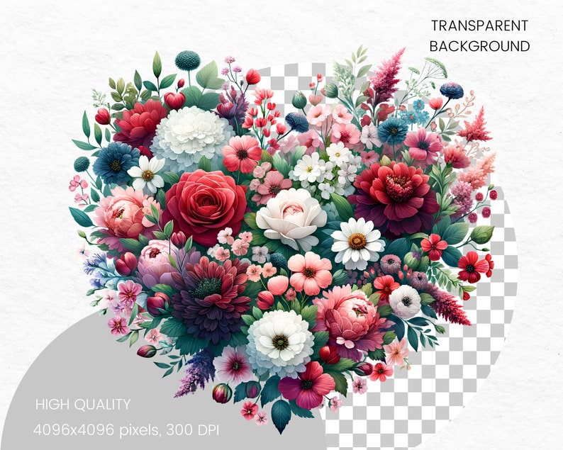 Watercolor Flower Heart Clipart, 14 High Quality PNG, Floral Hearts PNG ...