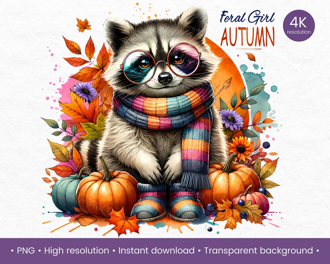 Feral Girl Autumn - Cute Raccoon With Pumpkins and Autumn Leaves PNG ...