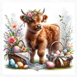 Easter Highland Cow Clipart Bundle, 14 JPEG, Watercolor Highland Cow ...