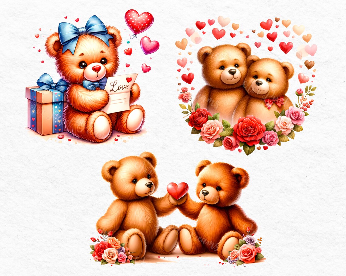 Watercolor Teddy Bear Clipart 15 PNG Valentines Day Clipart, Valentines ...