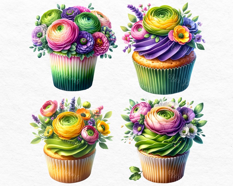 Floral Delight Cupcake Collection, Sweet Food Clipart, Watercolor ...
