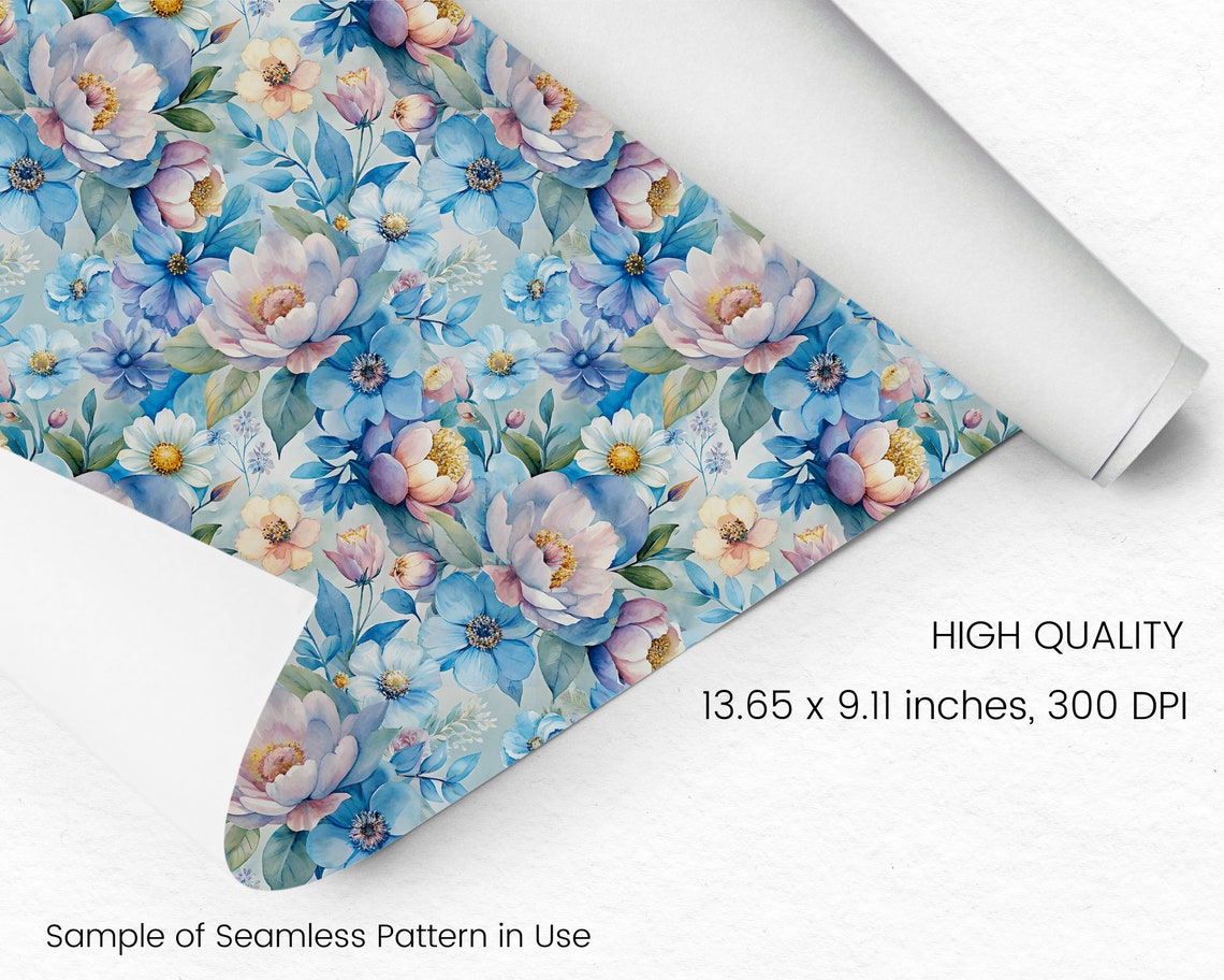 Pastel Blue Botanical Seamless Flower Pattern Set, Flower Seamless ...