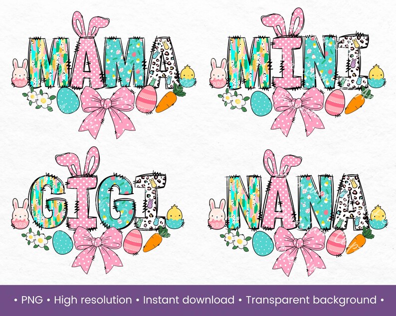 Easter Mama Mini PNG Set, Gigi Nana Coquette Bunny Ears Design, Pink ...