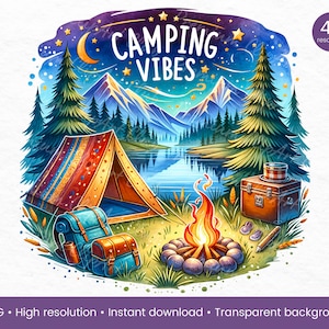 Camping Vibes PNG, Tent and Campfire Clipart, Mountain Lake Camping ...