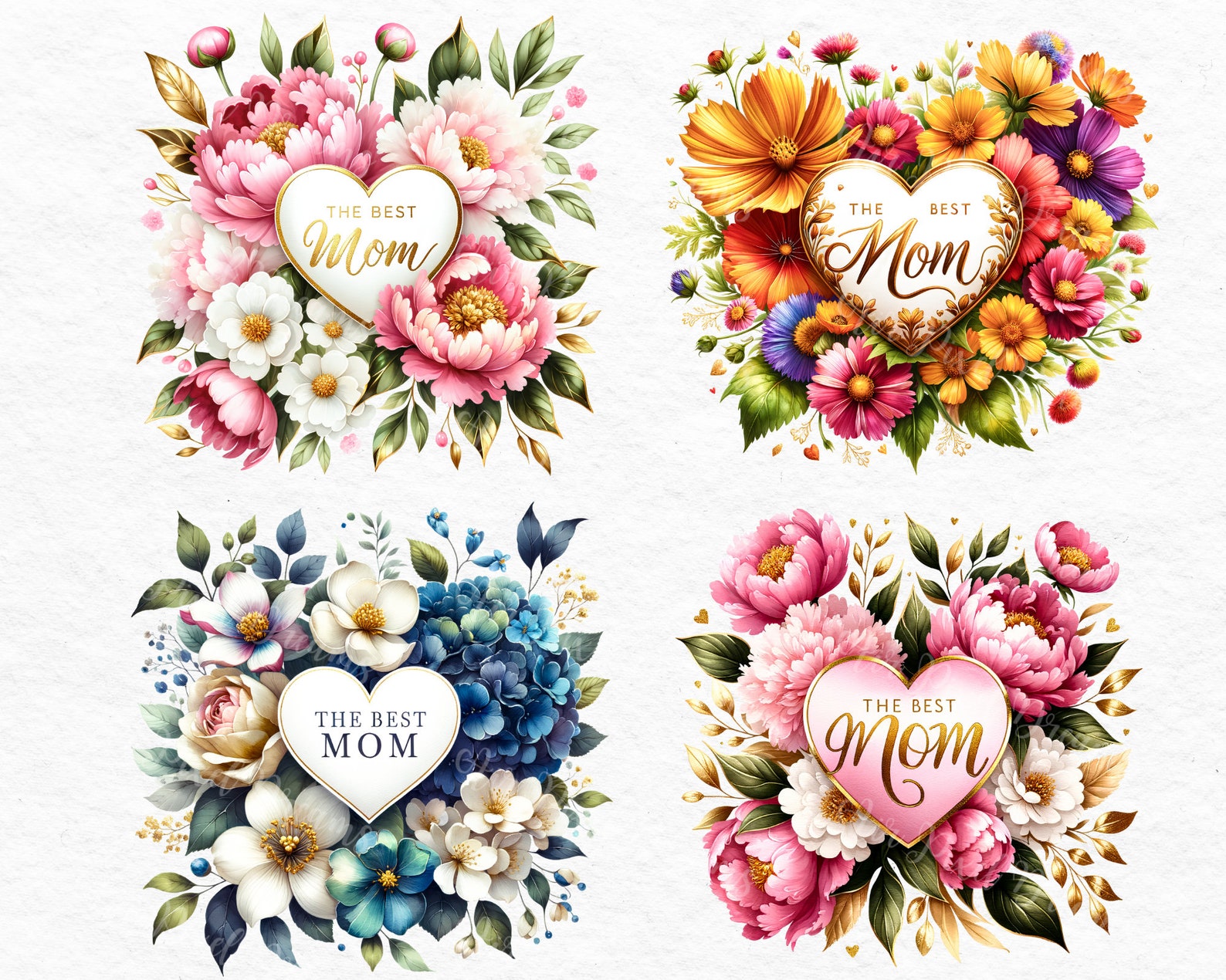 Best Mom Png Bundle, Mothers Day Clipart, Watercolor Blossom Decor ...