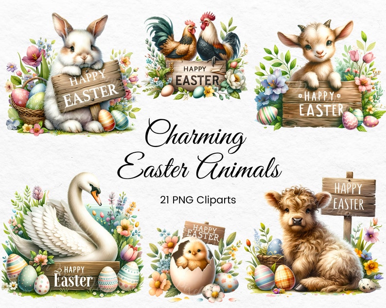 Easter Animals Clipart Set, 21 PNG Files, Western Easter PNG, Happy ...