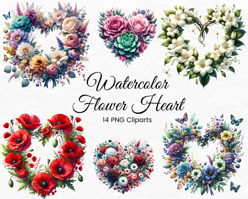 Watercolor Flower Heart Clipart, 14 High Quality PNG, Floral Hearts PNG ...