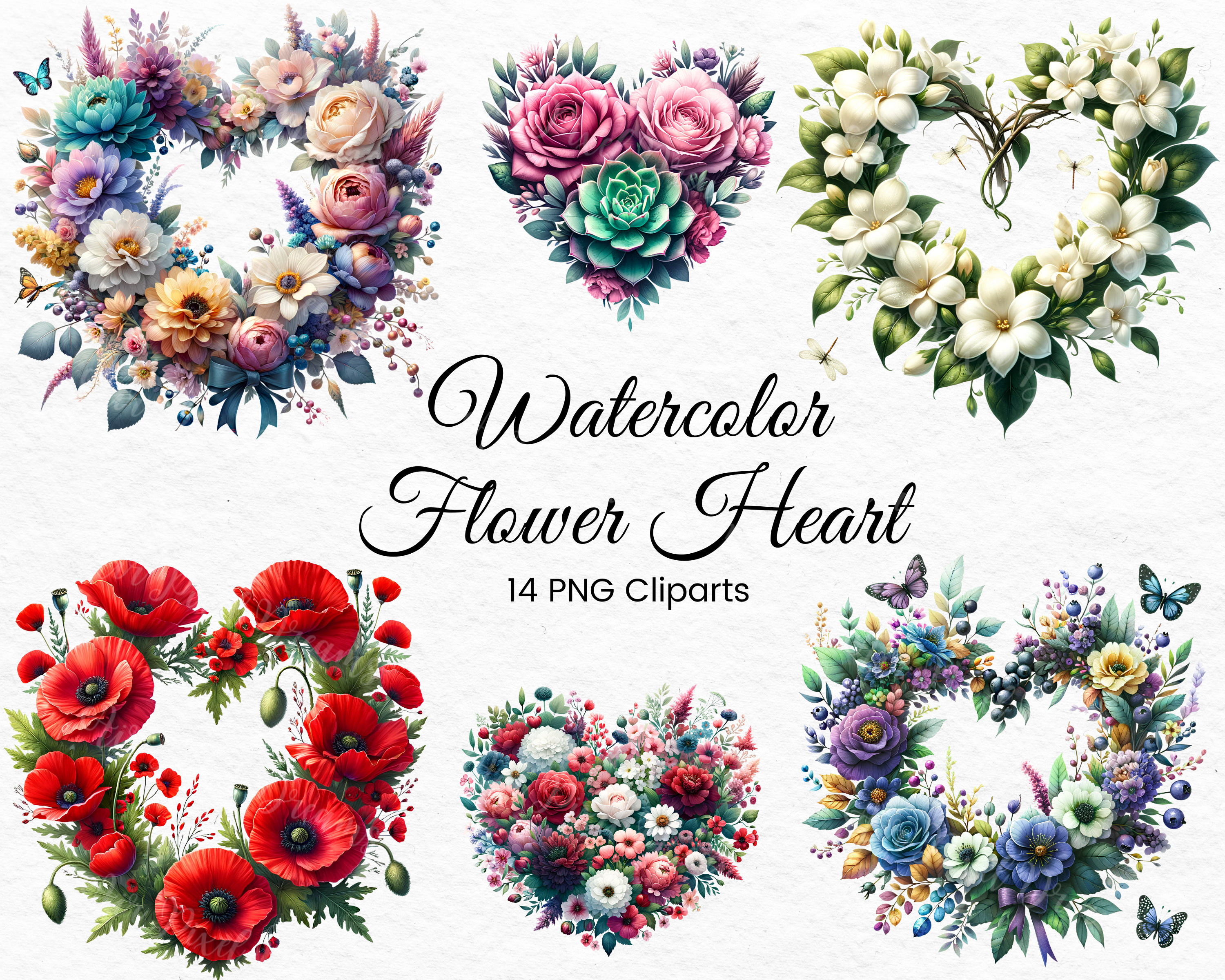 Watercolor Flower Heart Clipart, 14 High Quality PNG, Floral Hearts PNG ...
