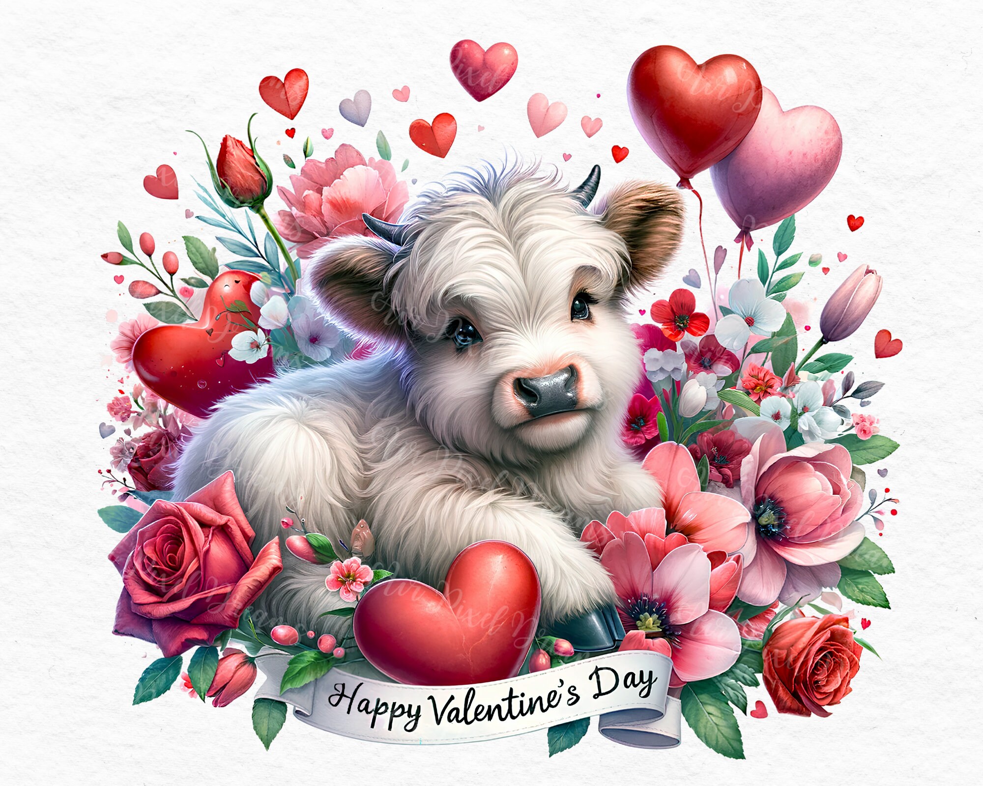 Valentine's Highland Cow Clipart, Whimsical Highland Valentine Cow Love ...