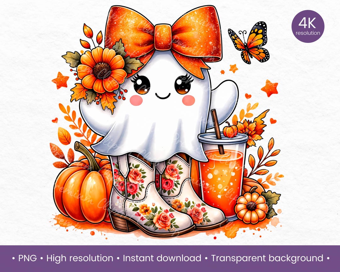 Kawaii Fall Ghost Girl With Floral Boots, Pumpkin, Iced Coffee PNG ...