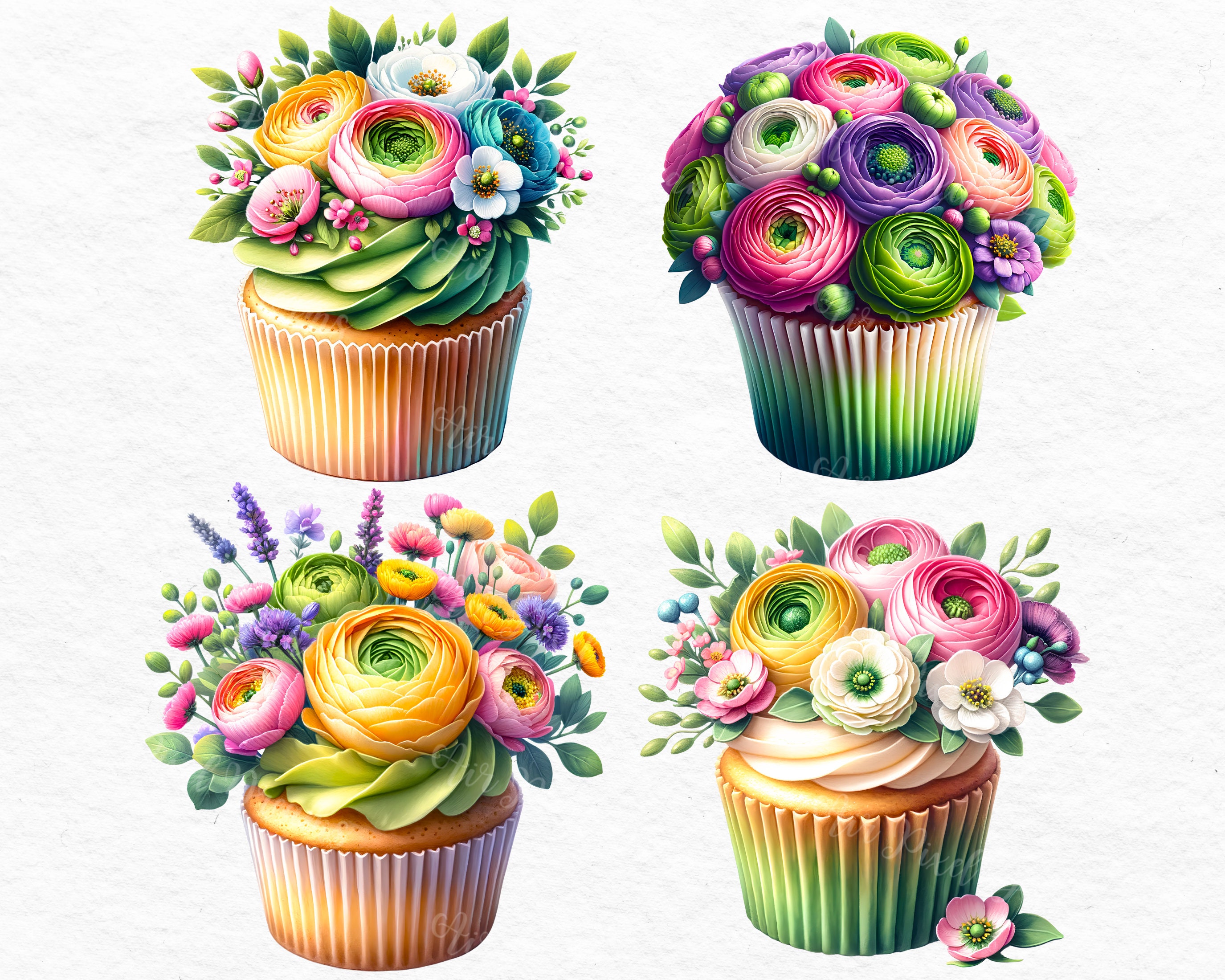 Floral Delight Cupcake Collection, Sweet Food Clipart, Watercolor ...
