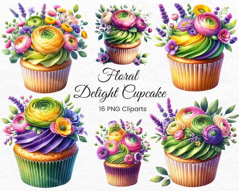 Floral Delight Cupcake Collection, Sweet Food Clipart, Watercolor ...