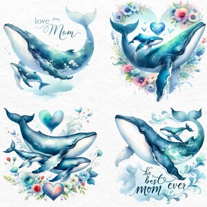 Watercolor Whale Clipart Collection for Mother's Day, Whale Nursery ...