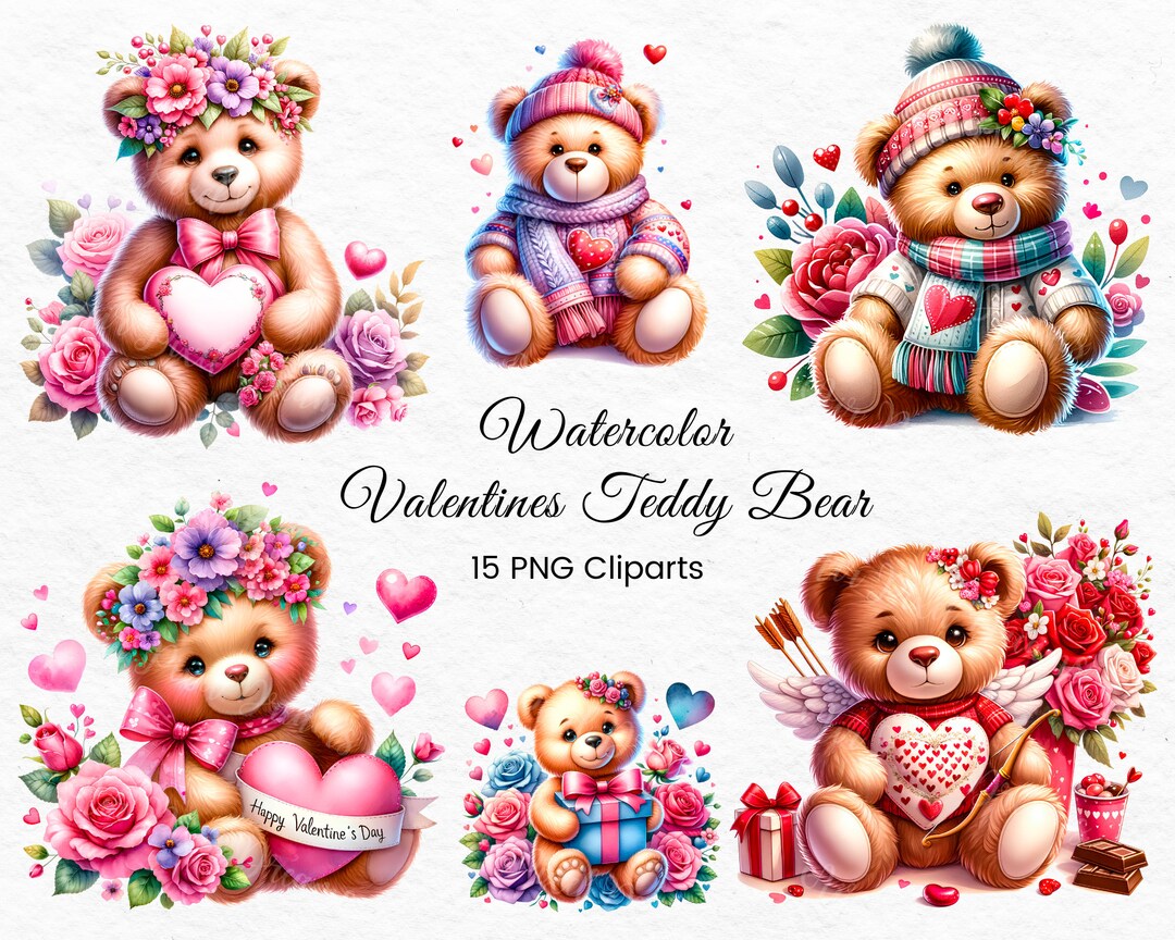 Watercolor Valentines Teddy Bear Clipart 15 PNG Valentines Day Clipart ...