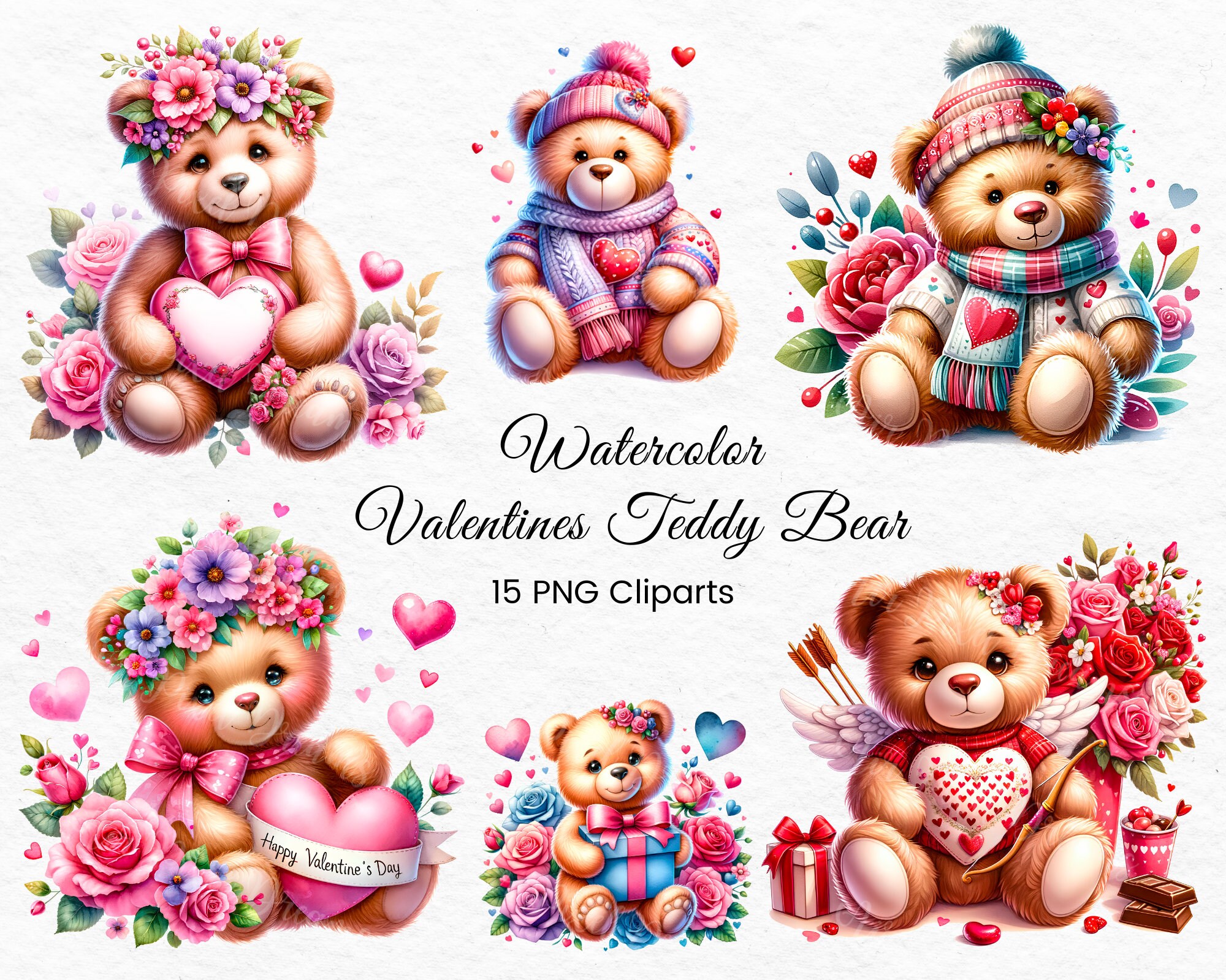 Watercolor Valentines Teddy Bear Clipart 15 PNG Valentines Day Clipart ...