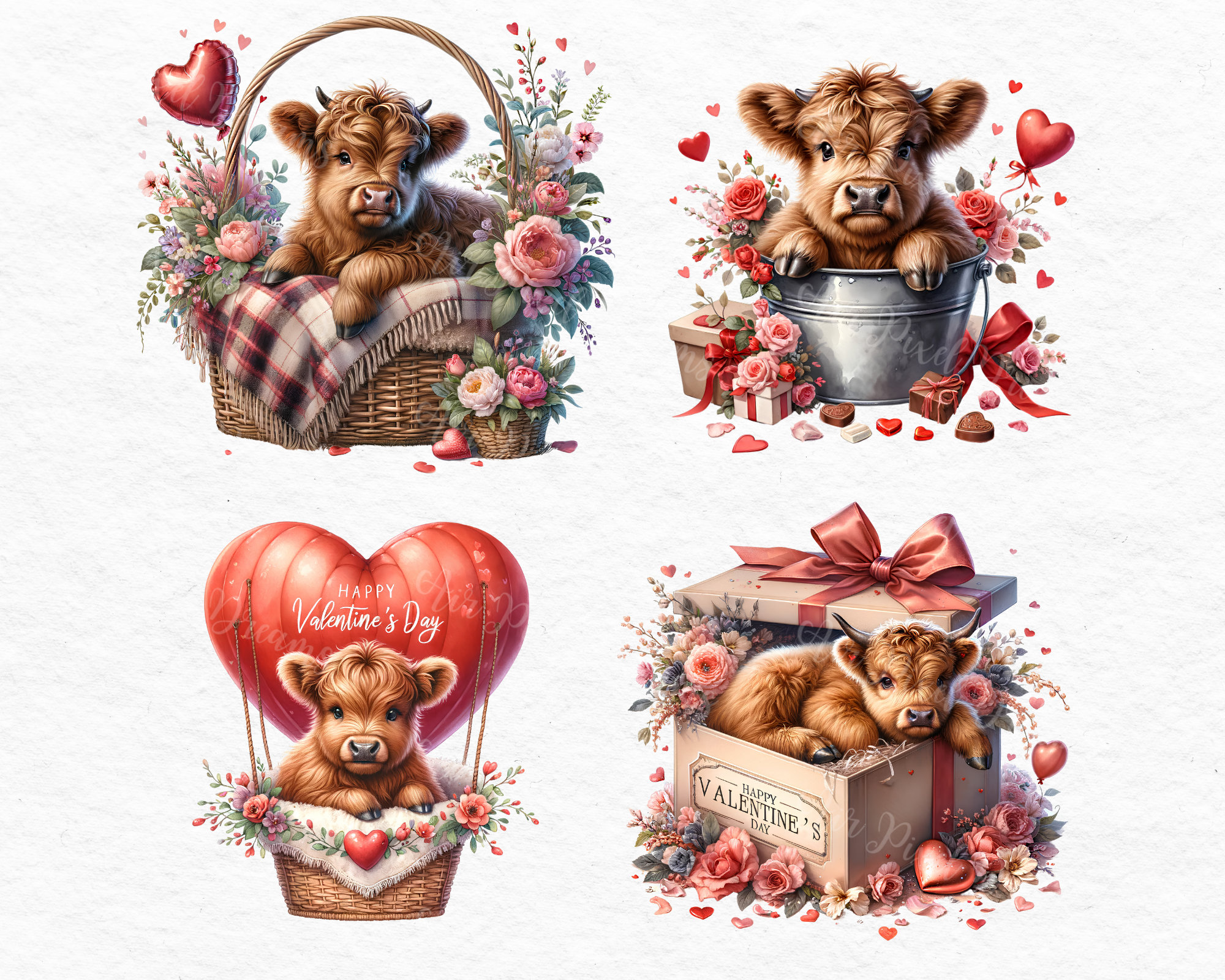 Watercolor Valentines Highland Cows Clipart, Scottish Highland Cow ...