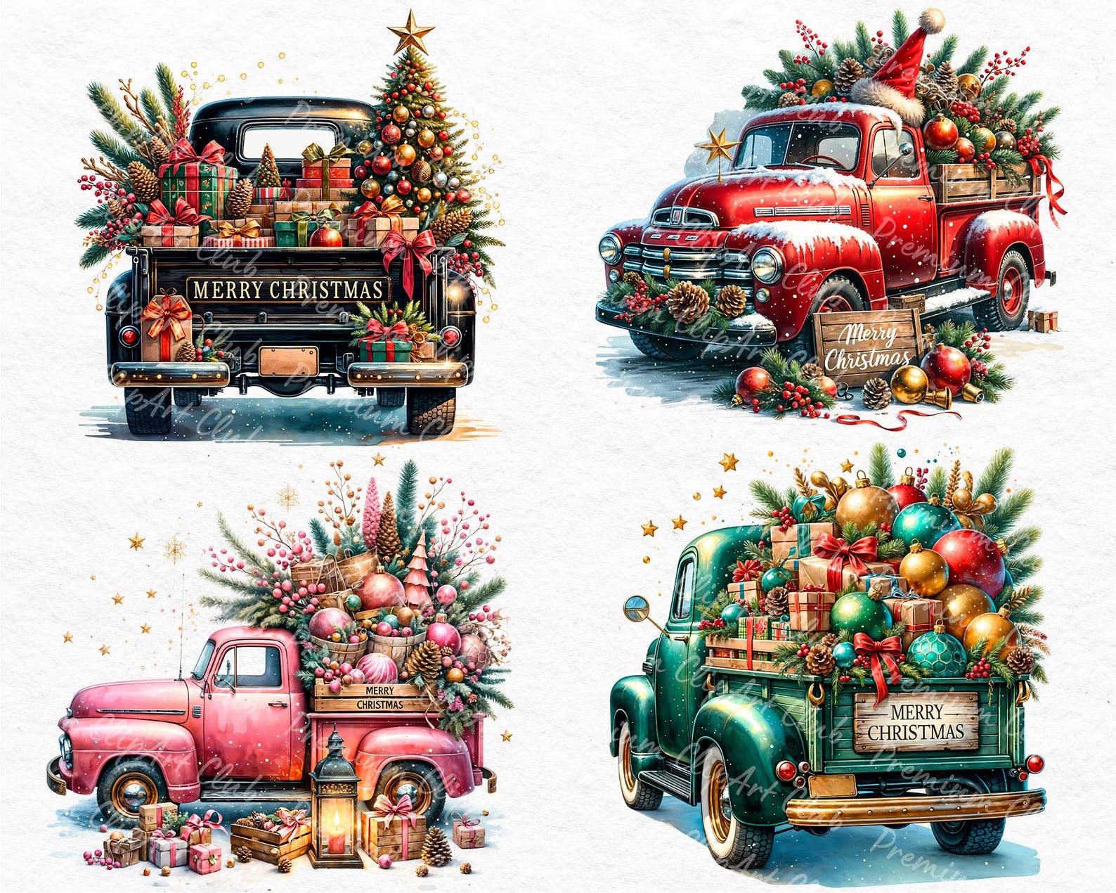 Vintage Christmas Trucks Clipart Bundle Watercolor Farm Trucks With ...