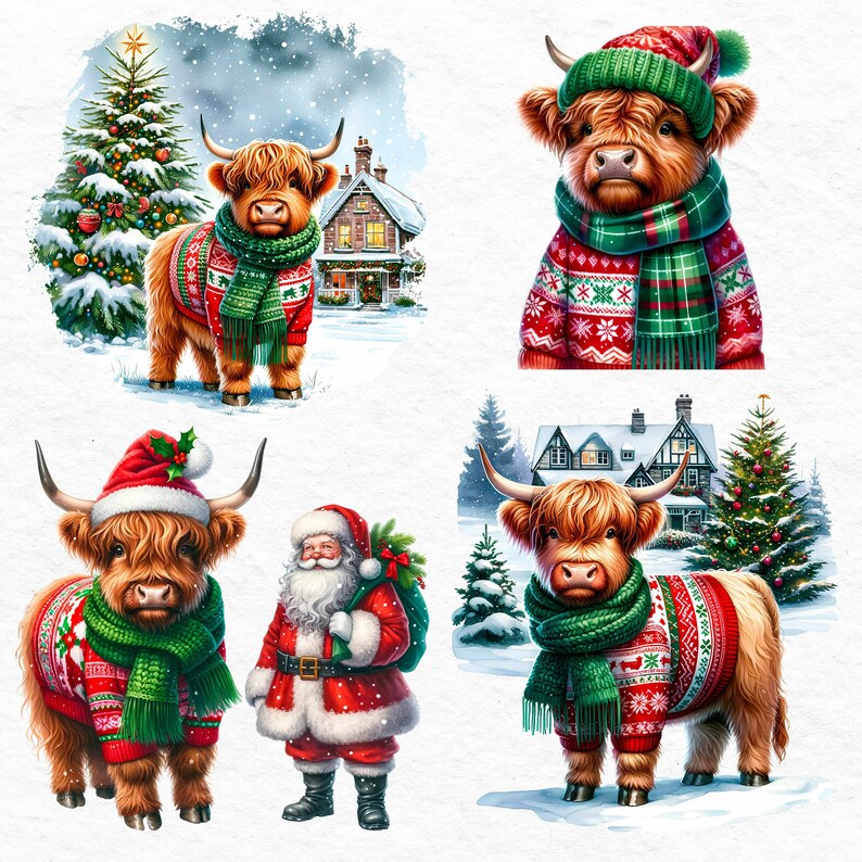 Christmas Highland Cow Clipart Watercolor Scottish Cattle PNG, Festive ...
