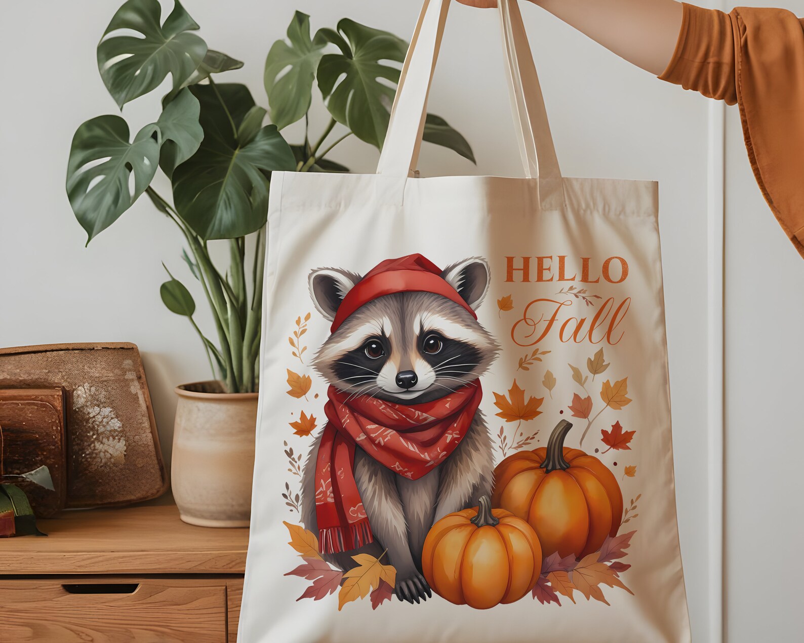 Hello Fall Cute Raccoon With Pumpkins and Autumn Leaves PNG Clipart ...