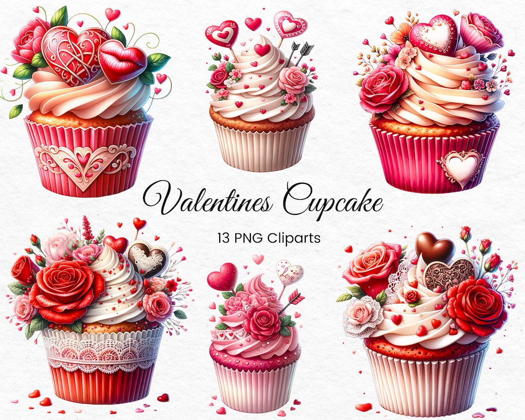 Valentines Cupcake Clipart Bundle,13 PNG, Valentine Cupcake PNG, Love ...
