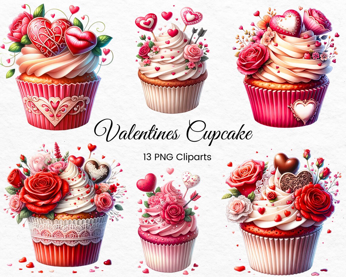 Valentines Cupcake Clipart Bundle,13 PNG, Valentine Cupcake PNG, Love ...