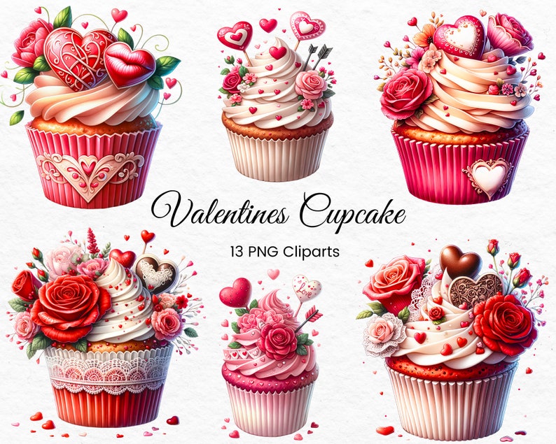 Valentines Cupcake Clipart Bundle,13 PNG, Valentine Cupcake PNG, Love ...