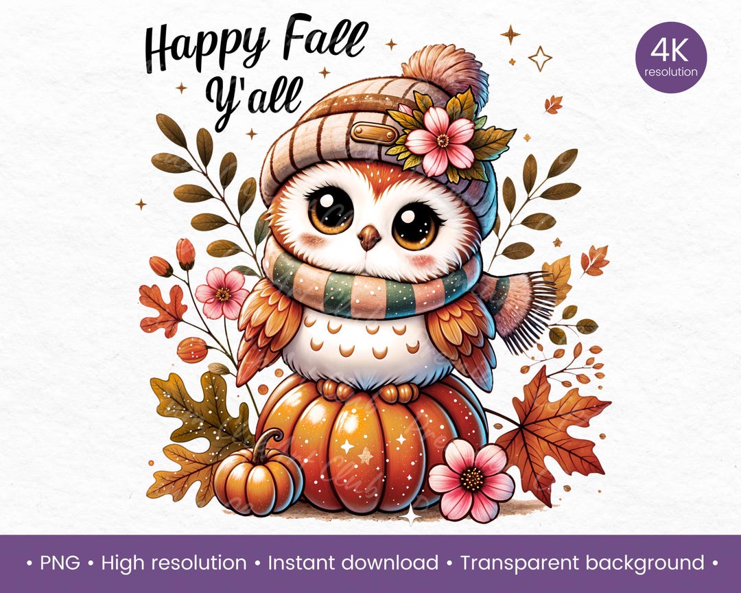 Happy Fall Y'all Cute Owl PNG Watercolor Owl Clipart Autumn Bird Fall ...
