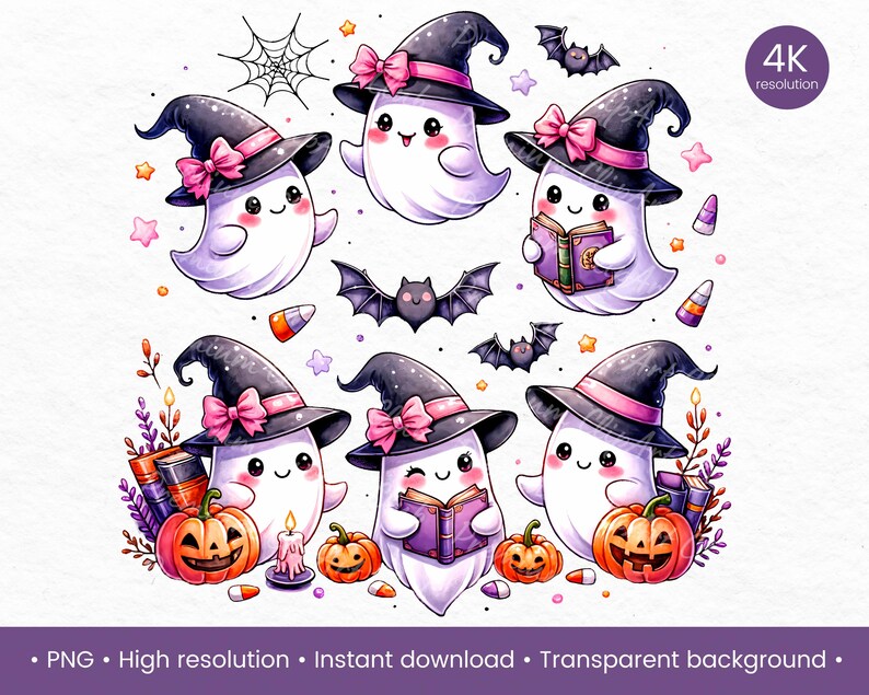 Cute Halloween Ghosts Reading PNG Fall Witch Ghosts Clipart Ghost ...