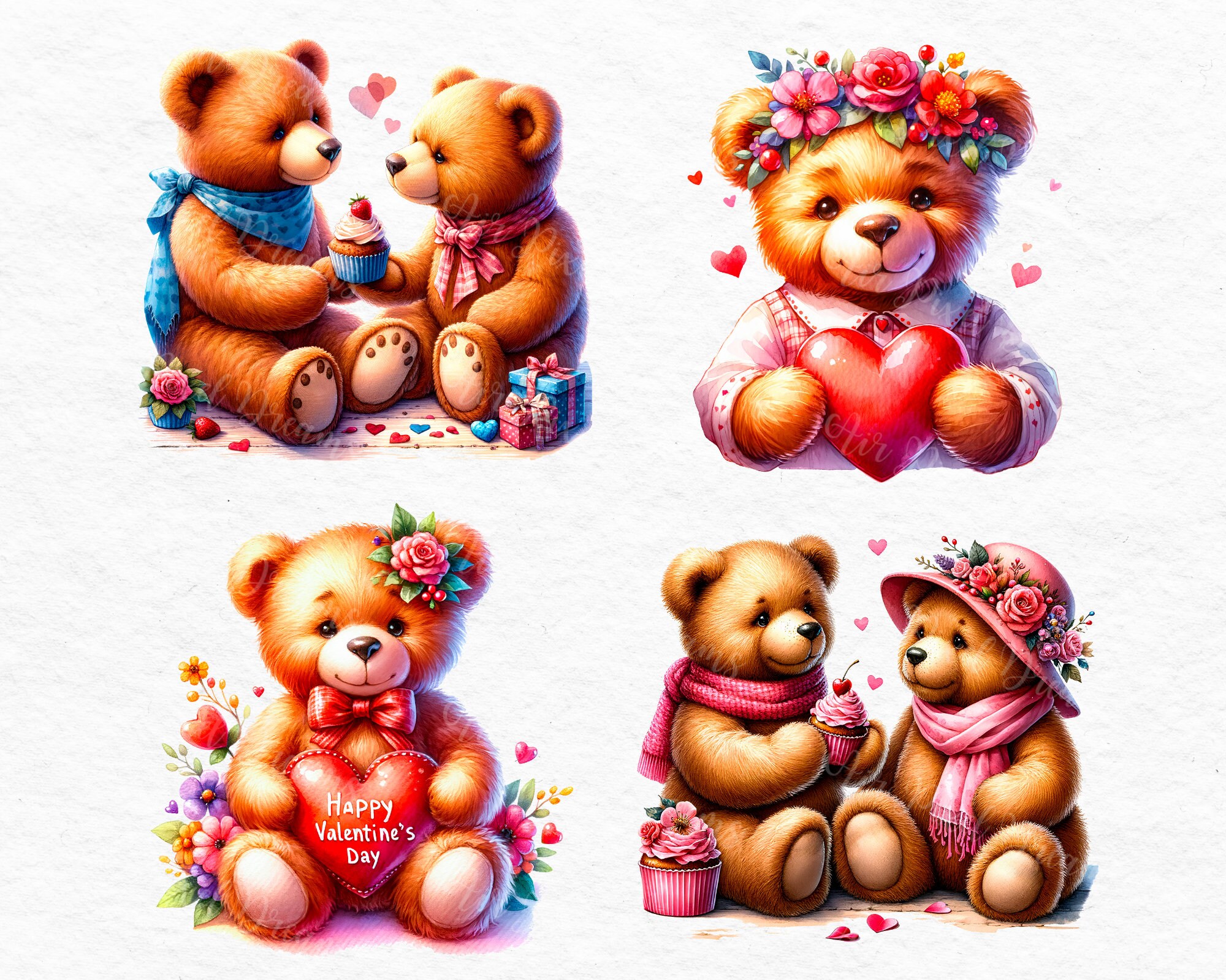 Watercolor Teddy Bear Clipart 15 PNG Valentines Day Clipart, Valentines ...