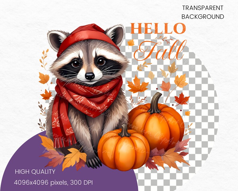 Hello Fall - Cute Raccoon With Pumpkins and Autumn Leaves PNG Clipart ...