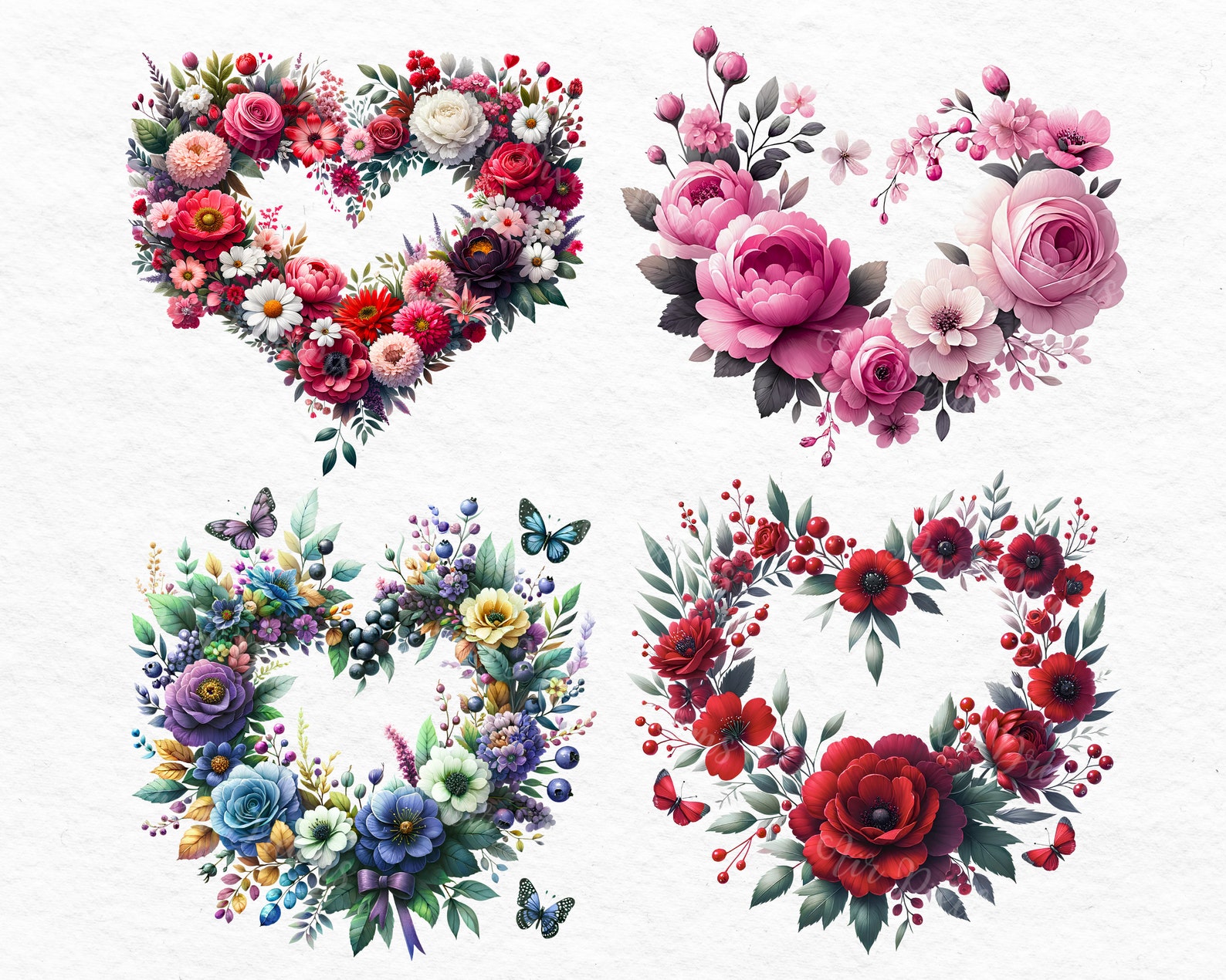 Watercolor Flower Heart Clipart, 14 High Quality PNG, Floral Hearts PNG ...