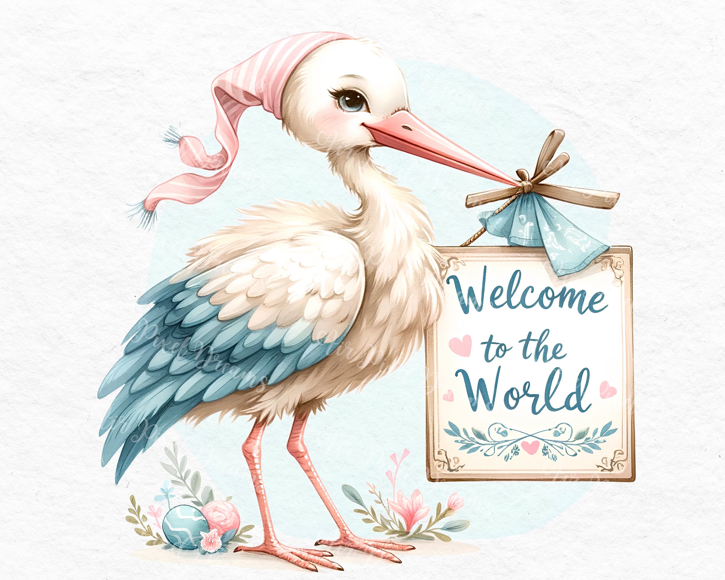 Watercolor Stork Clipart Bundle, Welcome World Baby Sign, Newborn ...