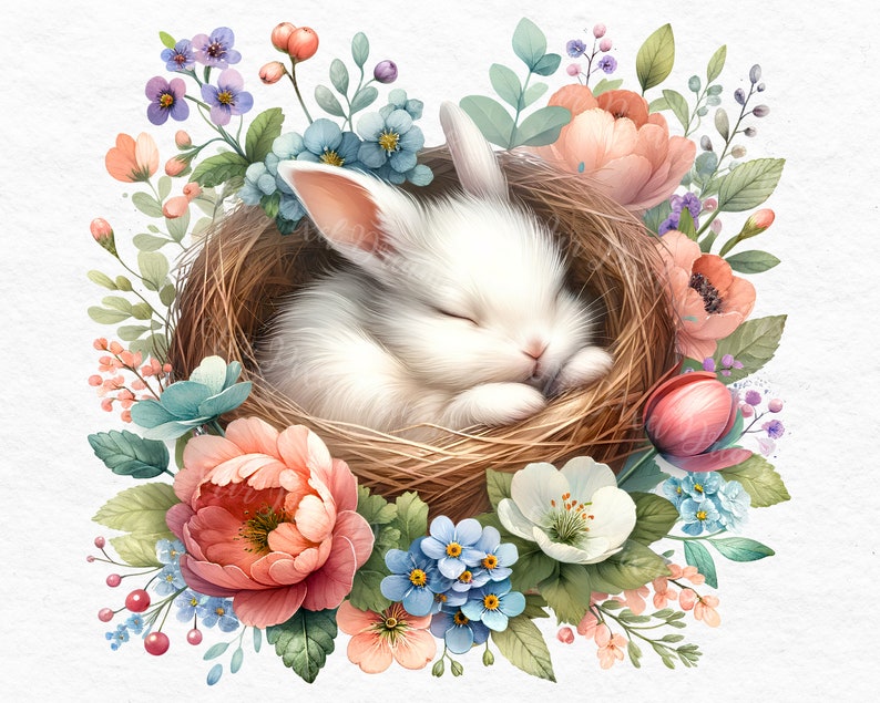 Bunny Blossom Dreams: Sleepy Rabbit Clipart Set, 20 PNG, Watercolor ...
