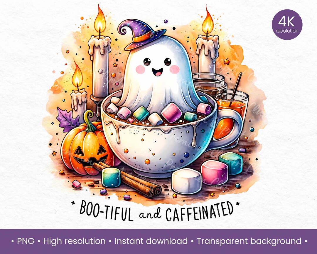 Boo-tiful and Caffeinated Ghost PNG, Kawaii Halloween Ghost With Drink ...