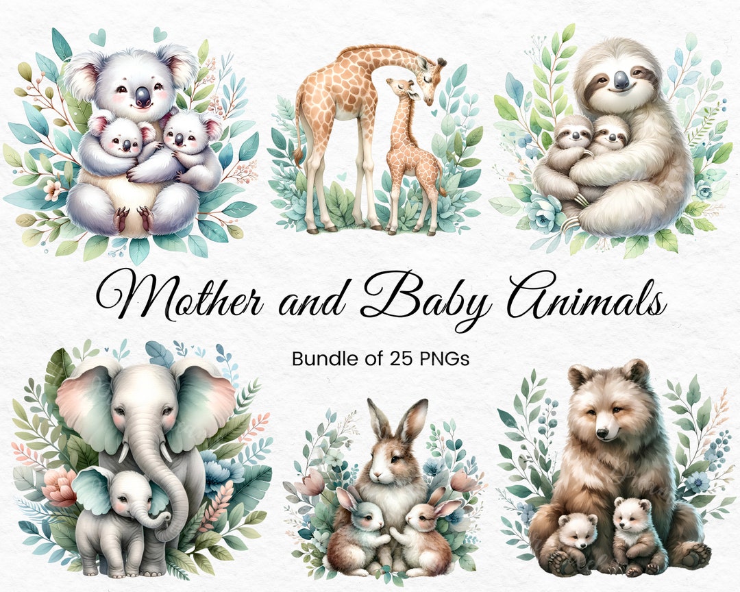 Watercolor Mother and Baby Animals Clipart Bundle, Mother and Baby Png ...