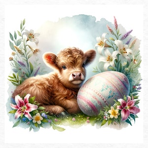 Easter Highland Cow Clipart Bundle, 14 JPEG, Watercolor Highland Cow ...