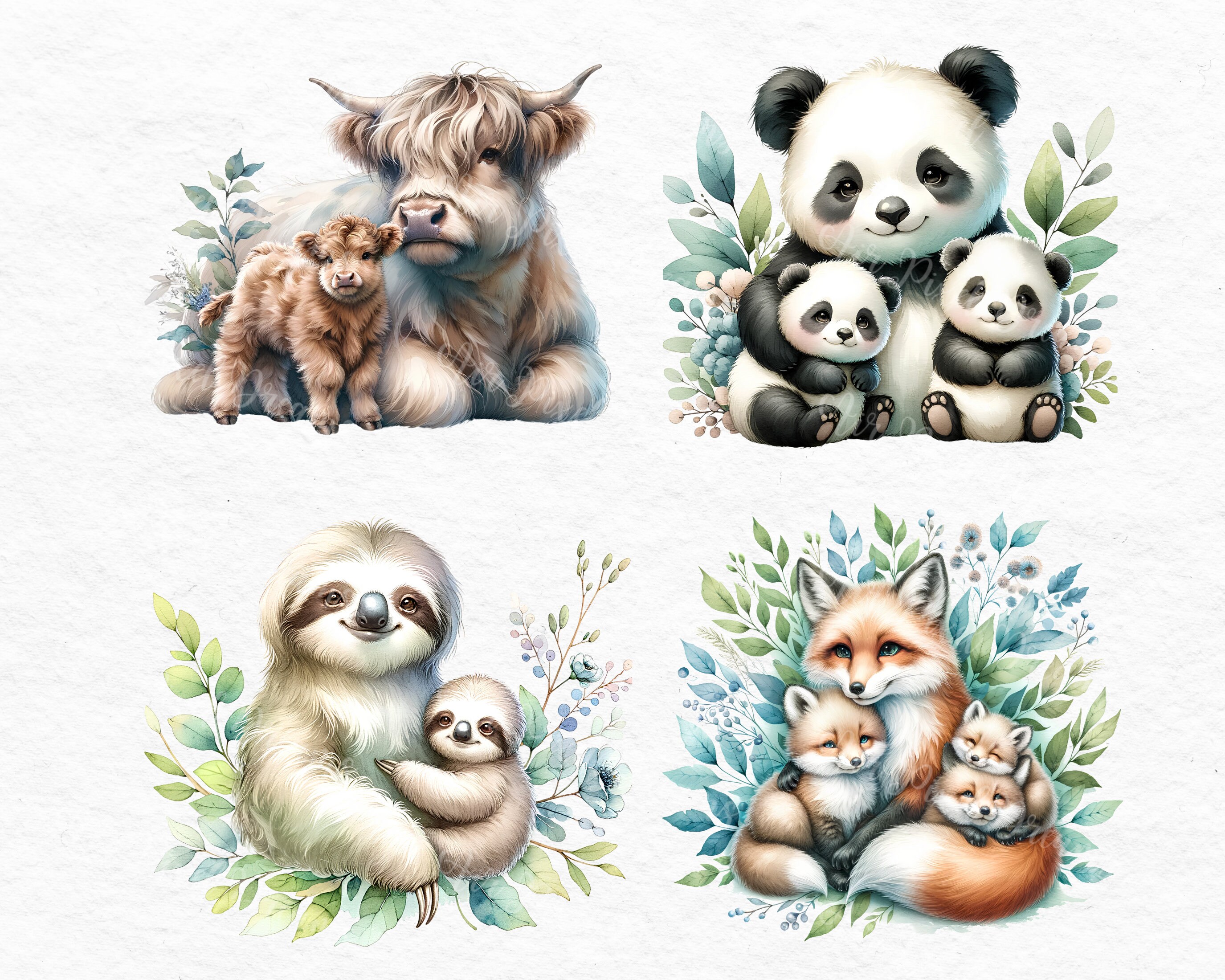 Watercolor Mother and Baby Animals Clipart Bundle, Mother and Baby Png ...