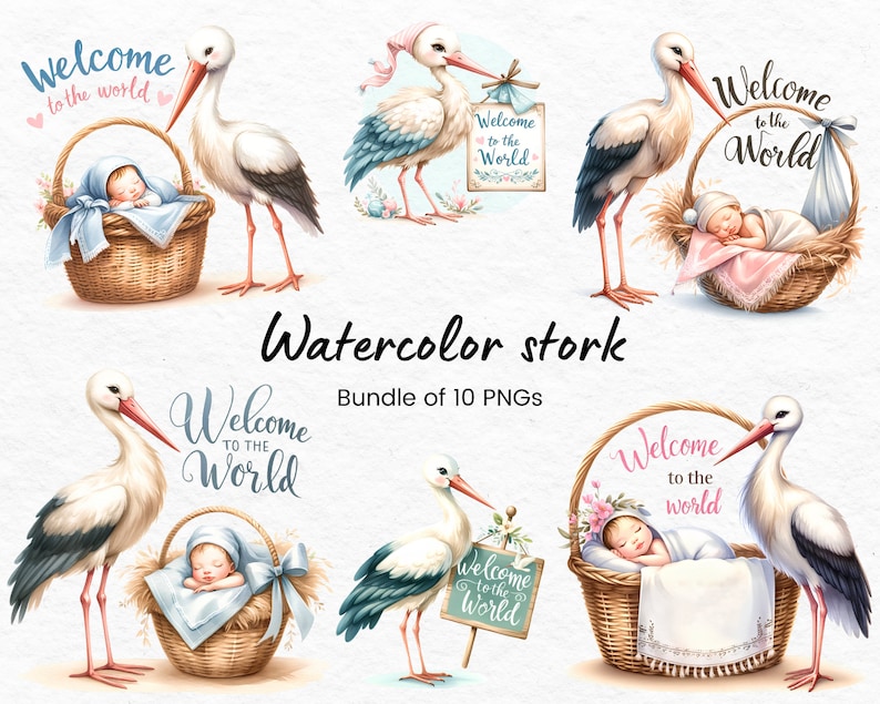 Watercolor Stork Clipart Bundle, Welcome World Baby Sign, Newborn ...