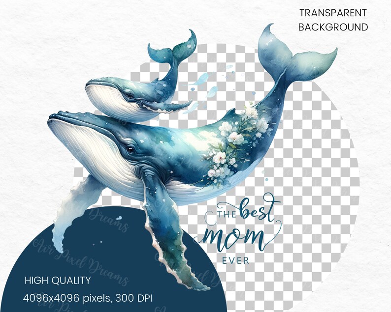Watercolor Whale Clipart Collection for Mother's Day, Whale Nursery ...