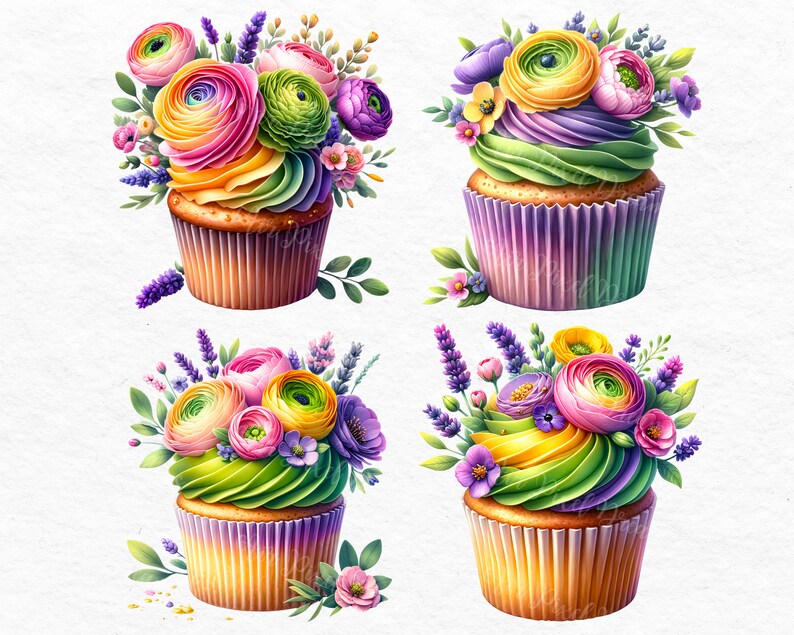 Floral Delight Cupcake Collection, Sweet Food Clipart, Watercolor ...