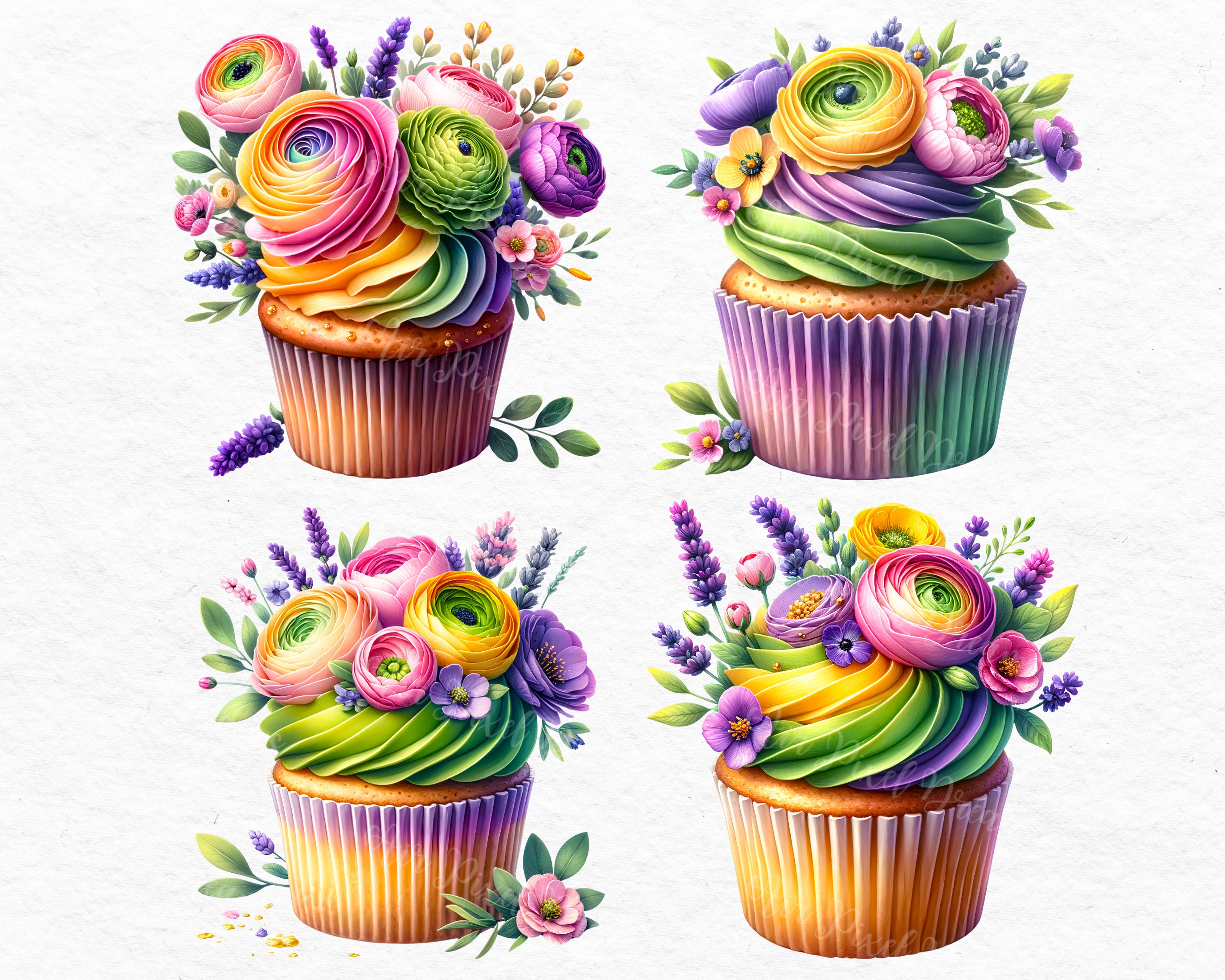 Floral Delight Cupcake Collection, Sweet Food Clipart, Watercolor ...