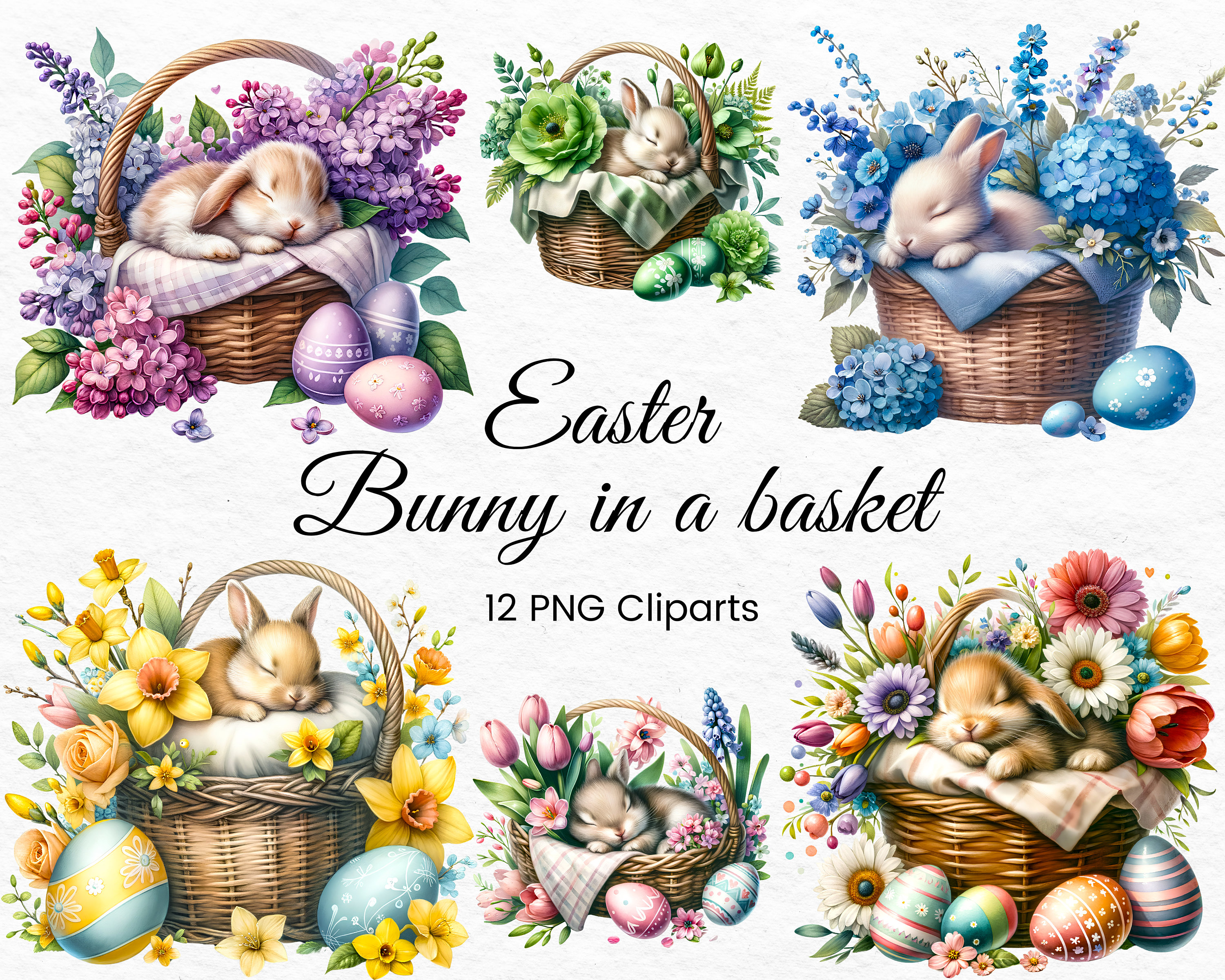 Easter Bunny in a Basket Clipart Bundle, 12 Png, Easter Clipart Bunnies ...