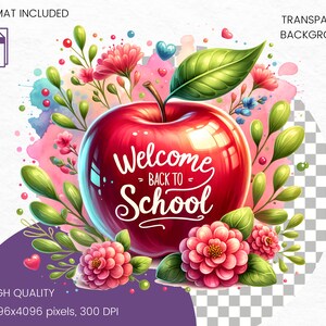 Back to School Floral Apple Clipart, School Year Start, School Return ...