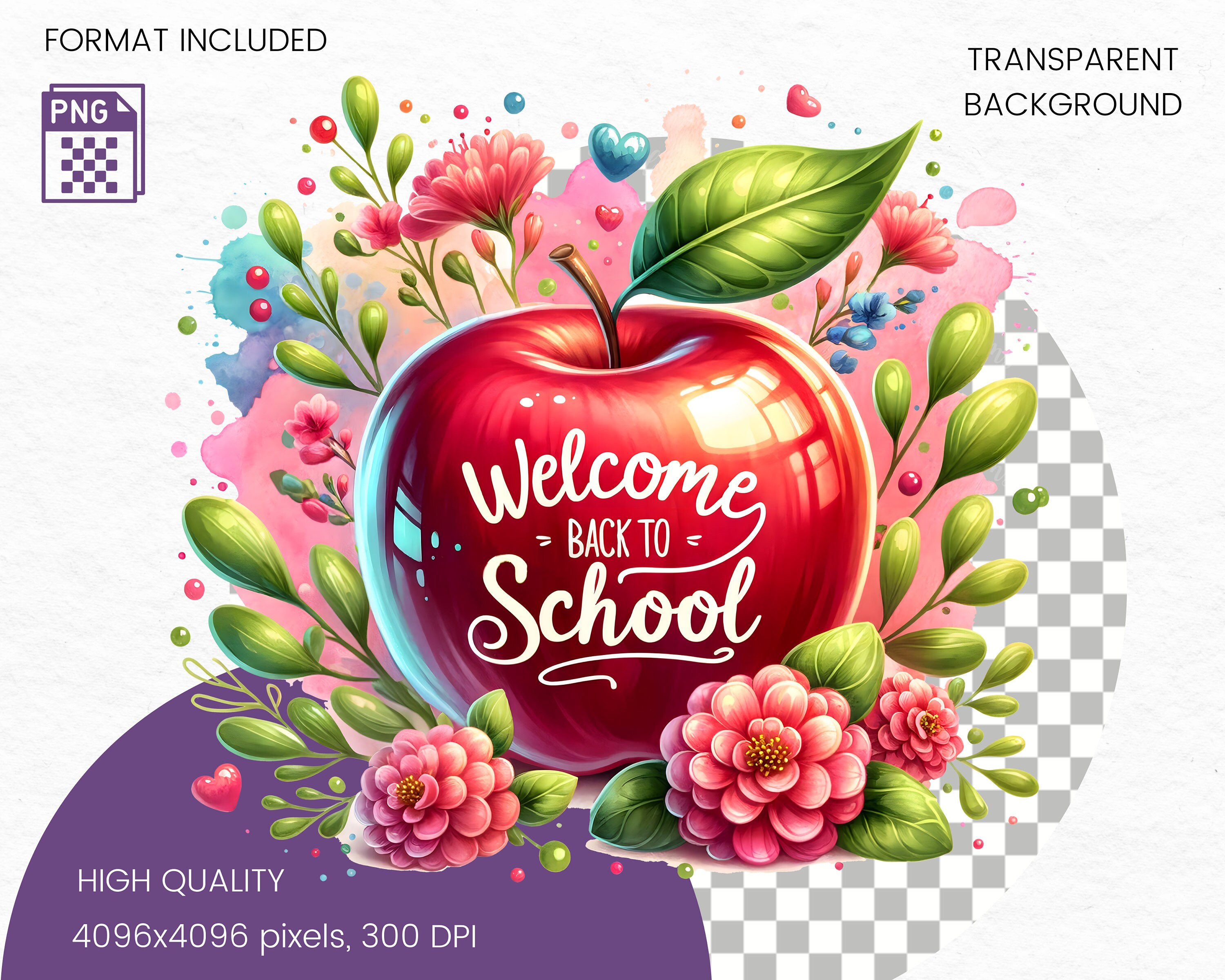 Back to School Floral Apple Clipart, School Year Start, School Return ...