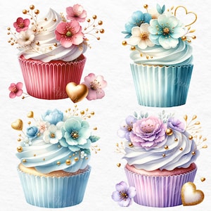 Watercolor Floral Cupcake Clipart, Dessert Clipart, Watercolor Sweets ...