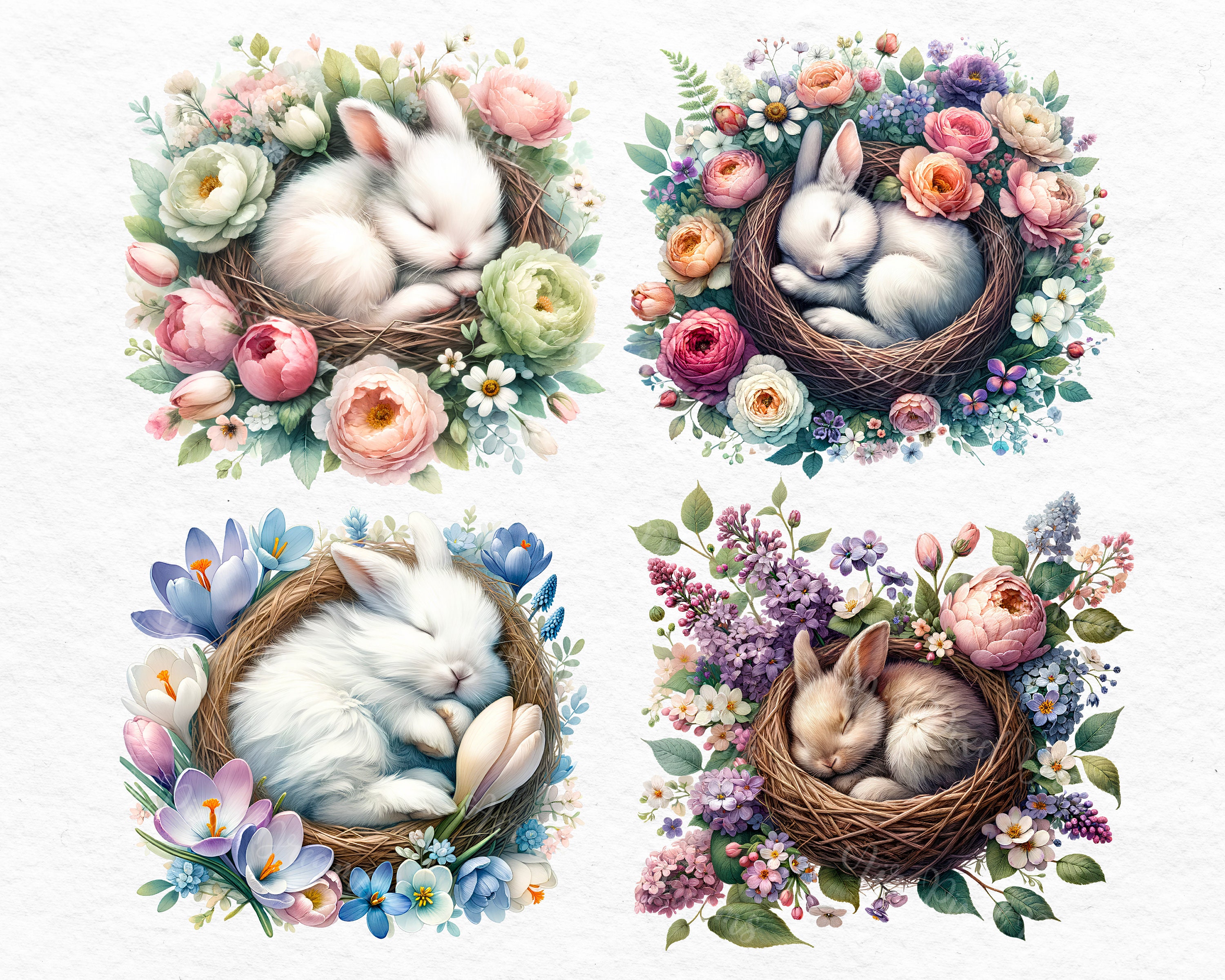 Bunny Blossom Dreams: Sleepy Rabbit Clipart Set, 20 PNG, Watercolor ...