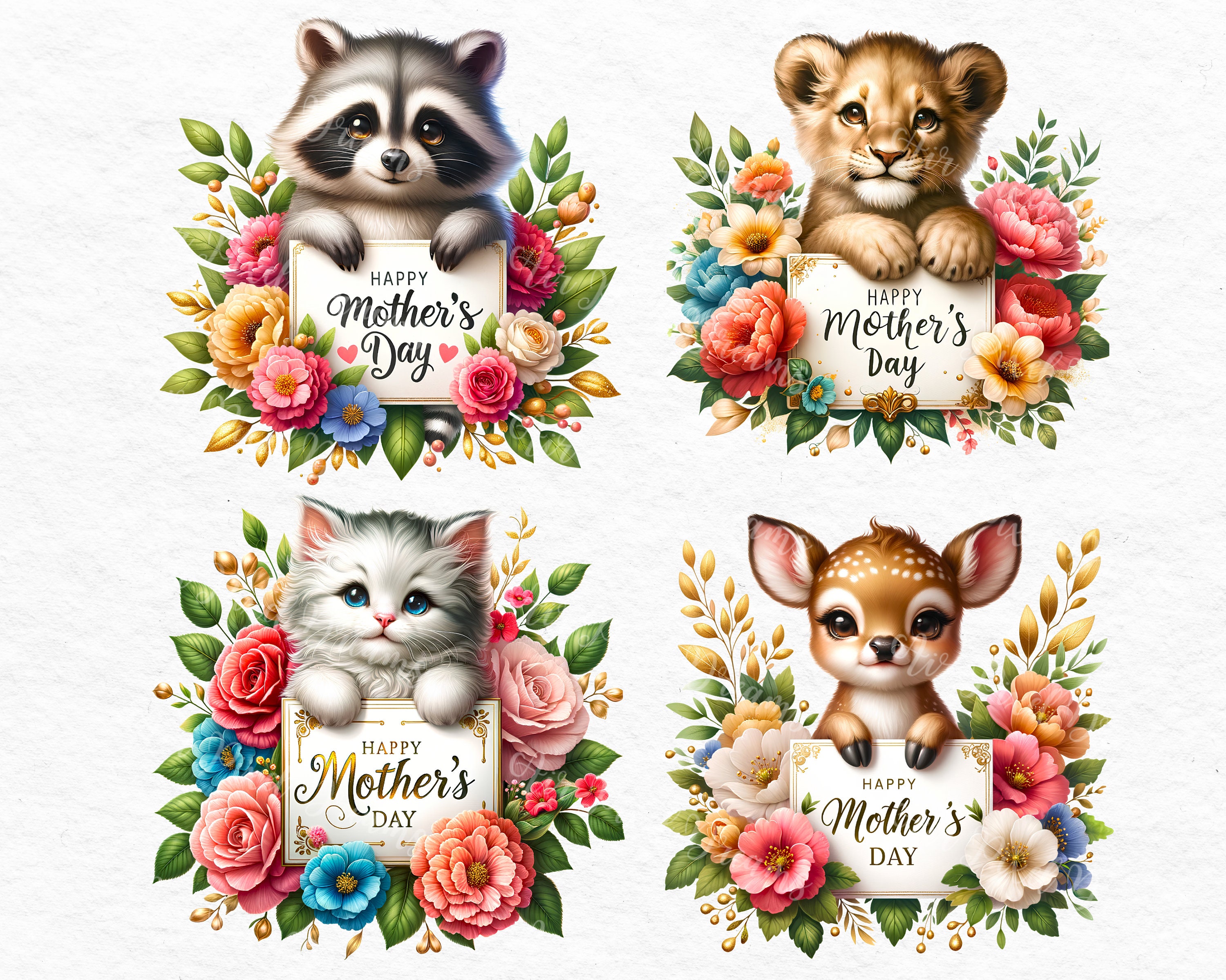 Cute Mother's Day Animals Clipart PNG Bundle, Baby Animals, Mother Day ...