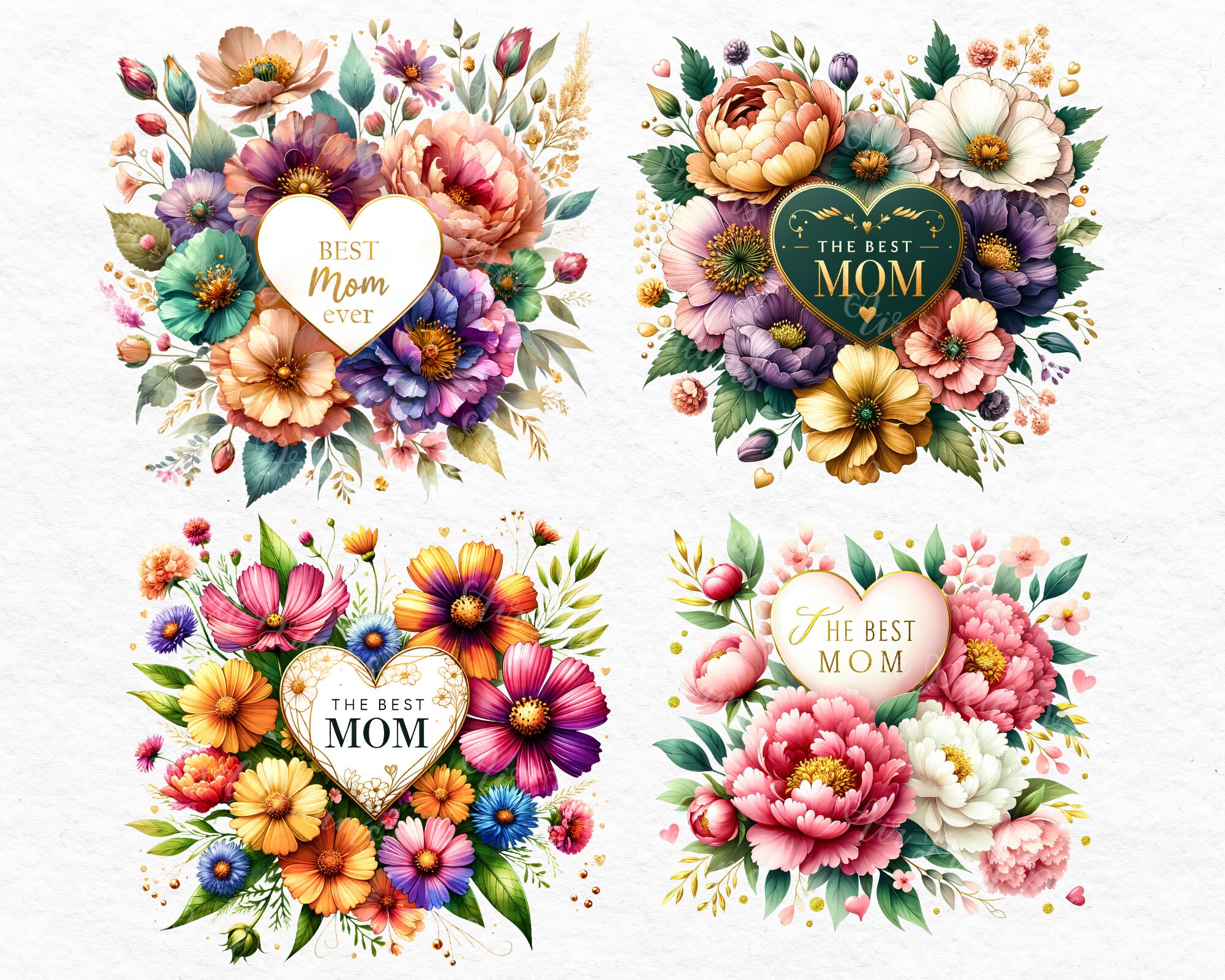 Best Mom Png Bundle, Mothers Day Clipart, Watercolor Blossom Decor ...